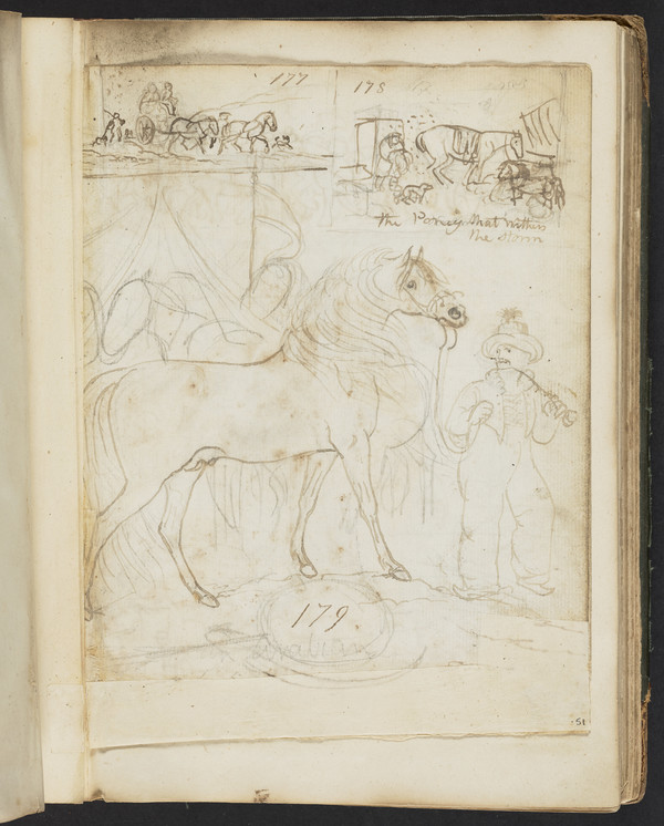 Three drawings: Horse and carriage, winter scene with pony, and man ...