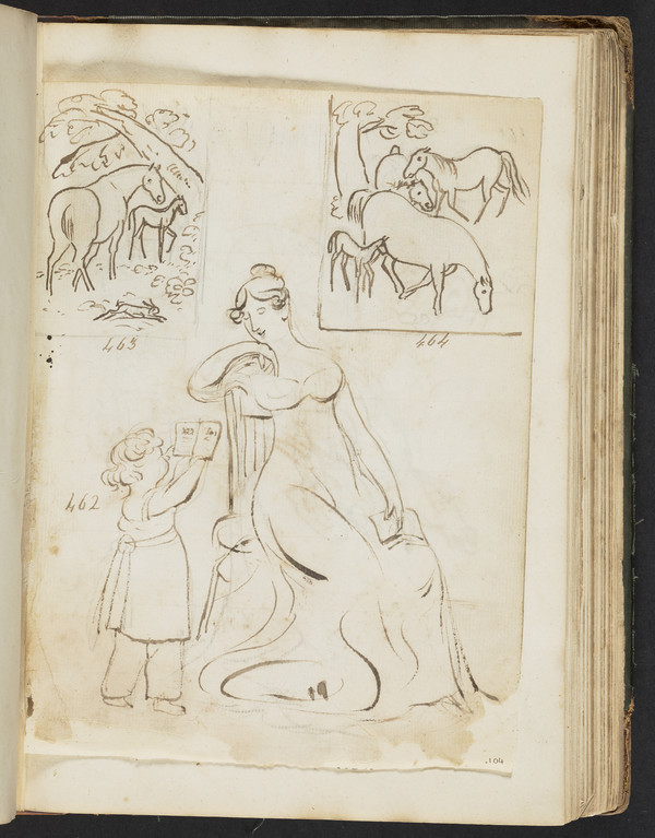 Three drawings: One of a woman and child, and two of horses by James ...
