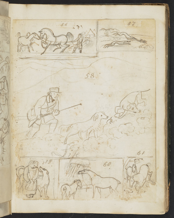 Six individual drawings of figures with horses and dogs by James Howe ...