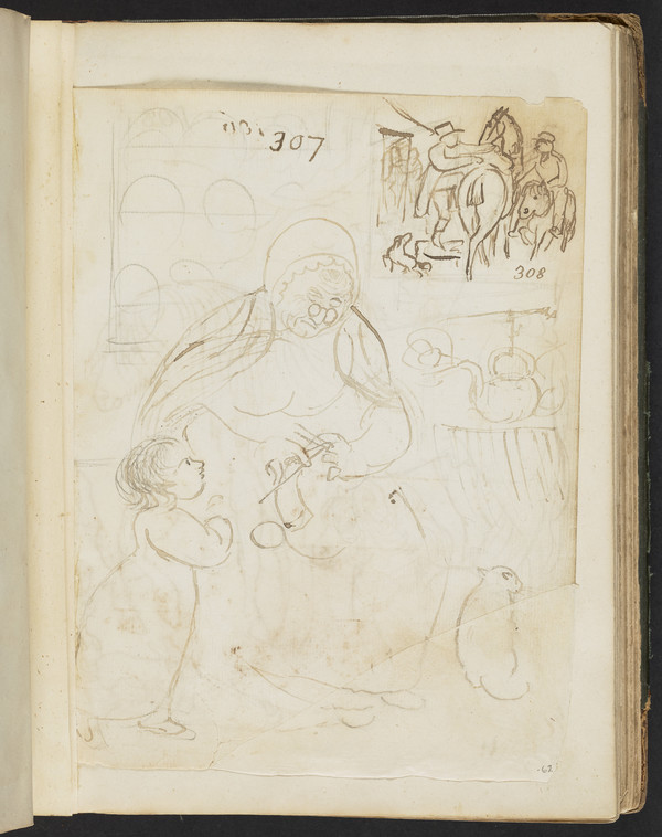 Two drawings: Old woman knitting and figures on horseback by James Howe ...