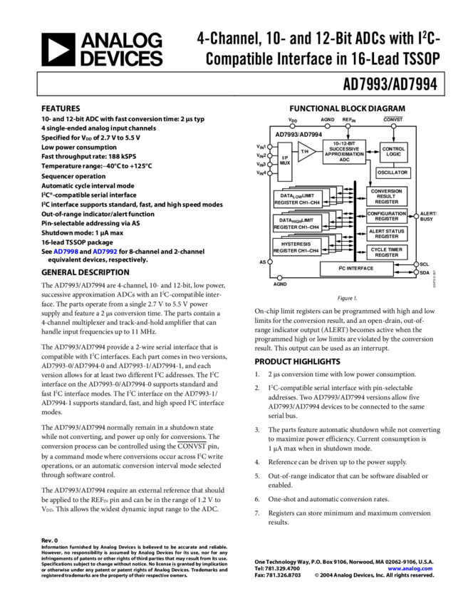 4-Channel, 10-Bit ADC with IC Compatible Interface in 16-Lead TSSOP » AD7993 Datasheet PDF ...