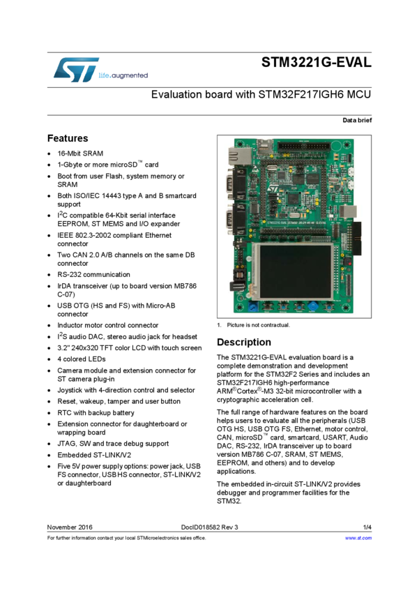Evaluation Board With Stm32f217ig Mcu Stm3221g Eval Datasheet Pdf Nota Katalogowa Elecena