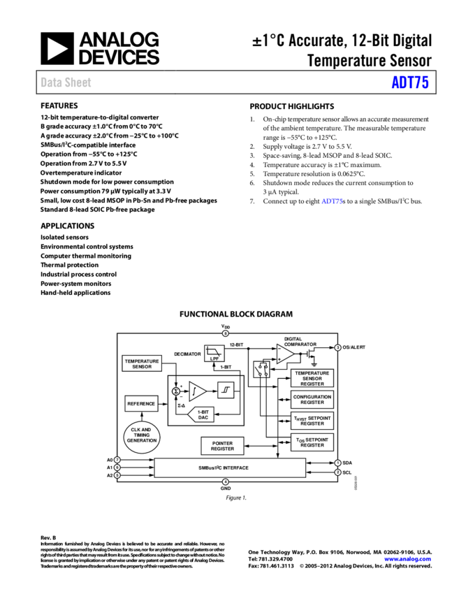 ±1°C Accurate, 12-Bit Digital Temperature Sensor » ADT75 Datasheet PDF » Nota katalogowa ...