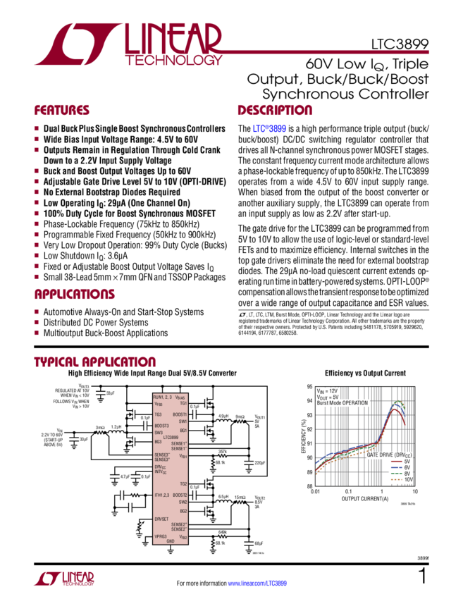 60V Low IQ, Triple Output, Buck/Buck/Boost Synchronous Controller » LTC3899 Datasheet PDF » Nota ...