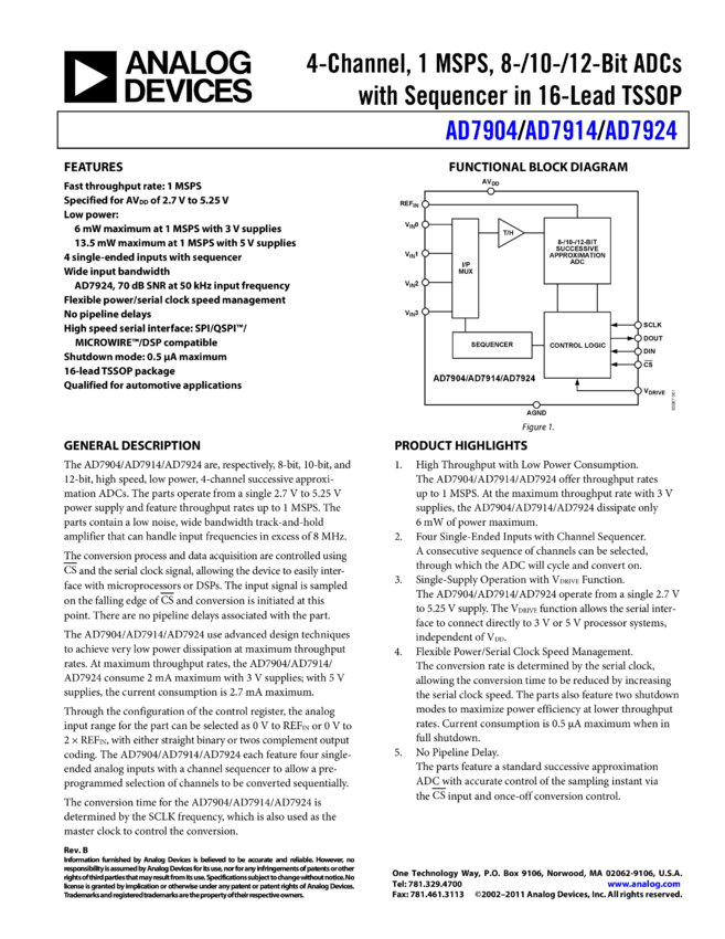 AD7924: 4-Channel, 1 MSPS, 12-Bit A/D Converter with Sequencer in 16 ...