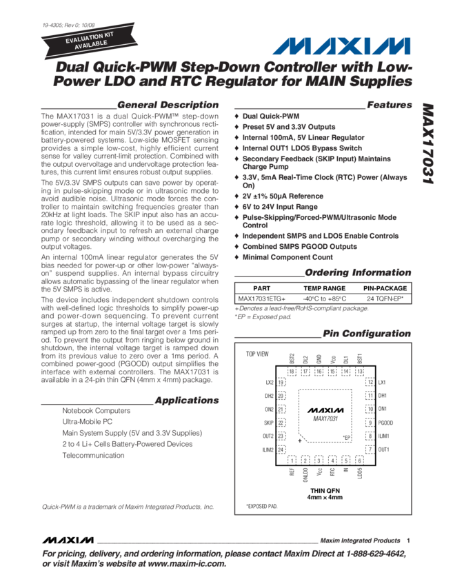 Dual Quick-PWM, Step-Down Controller with Low-Power LDO and RTC Regulator f... » MAX17031 ...