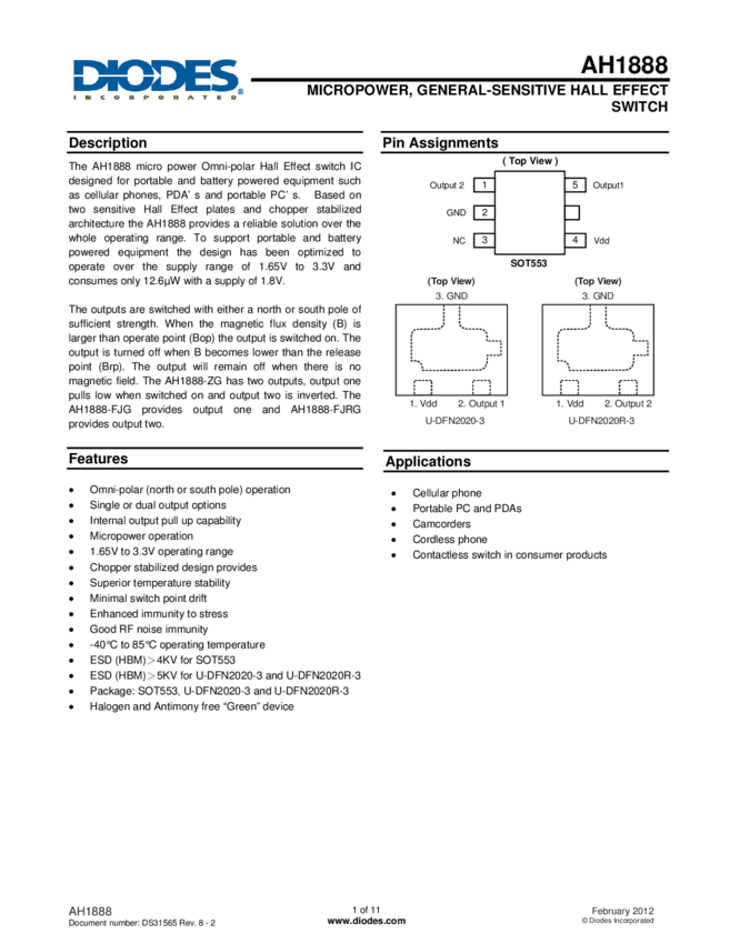 MICROPOWER GENERAL-SENSITIVE HALL-EFFECT SWITCH » AH1888 Datasheet PDF » Nota katalogowa ...