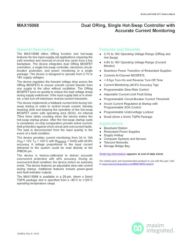 Dual ORing, Single Hot-Swap Controller with Accurate Current Monitoring » MAX15068 Datasheet PDF ...