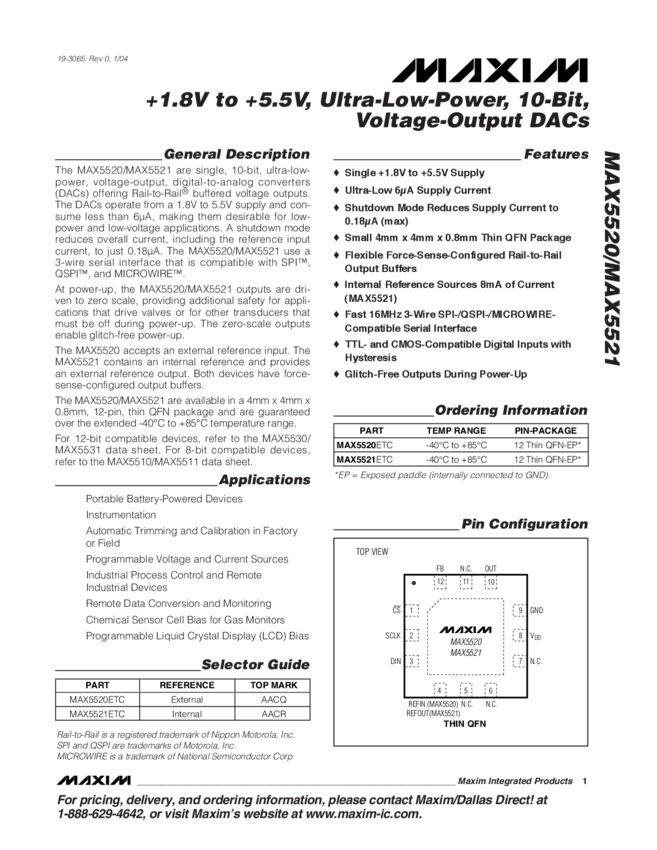 Ultra-Low-Power, 10-Bit, Voltage Output DAC with Internal Reference » MAX5521 Datasheet PDF ...