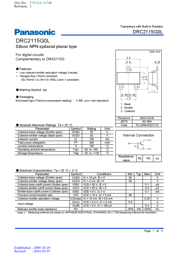 Transistor with Built-in Resistors (IC = 100 mA Series) » DRC2115G ... Transistor with Built-in Resistors (IC = 100 mA Series) » DRC2115G ...