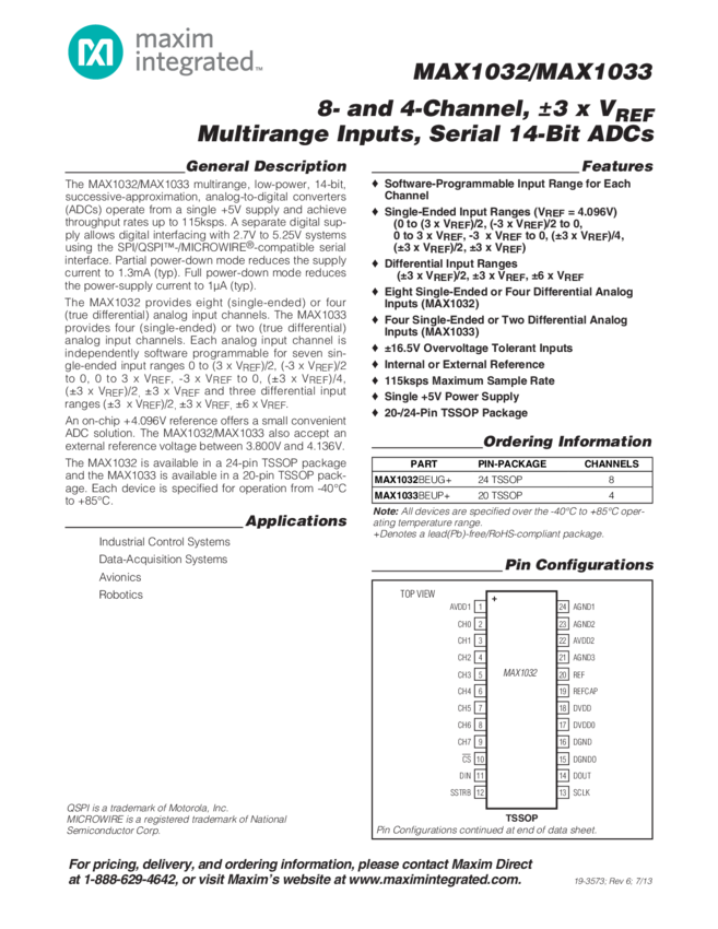 14-bit, 4-channel single-ended/ 2-channel differential ADC with programmabl... » MAX1033 ...