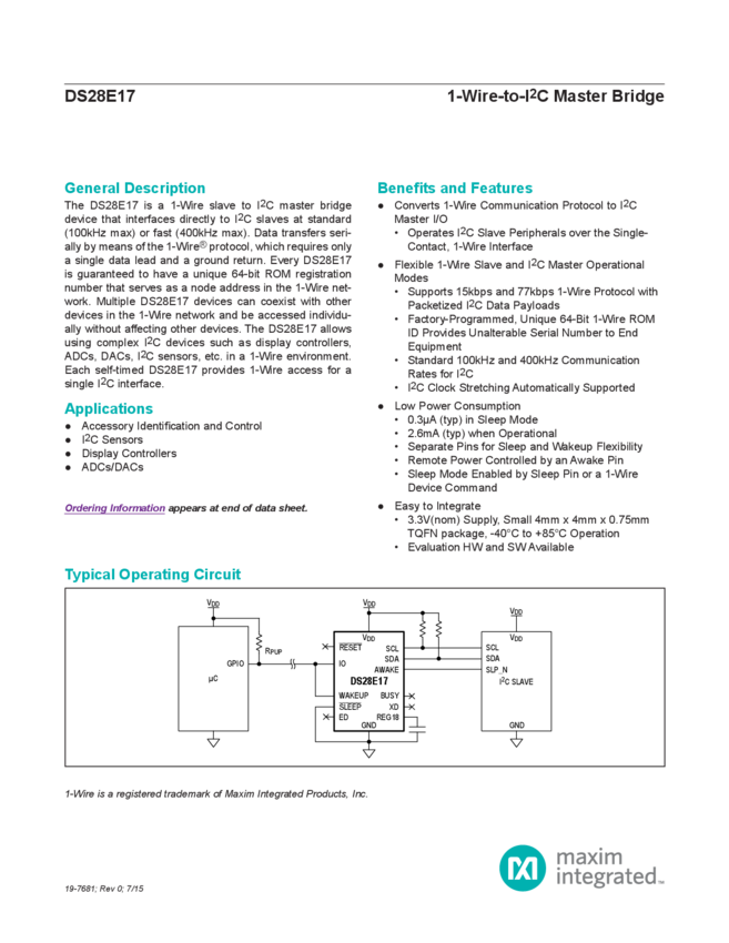 1-Wire to I2C Master Bridge » DS28E17 Datasheet PDF » Nota katalogowa ...