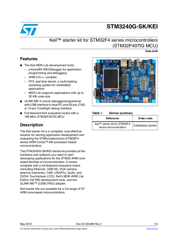 Keil starter kit for STM32 F4 series microcontrollers (STM32F407IG MCU) » STM3240G-SK-KEI ...