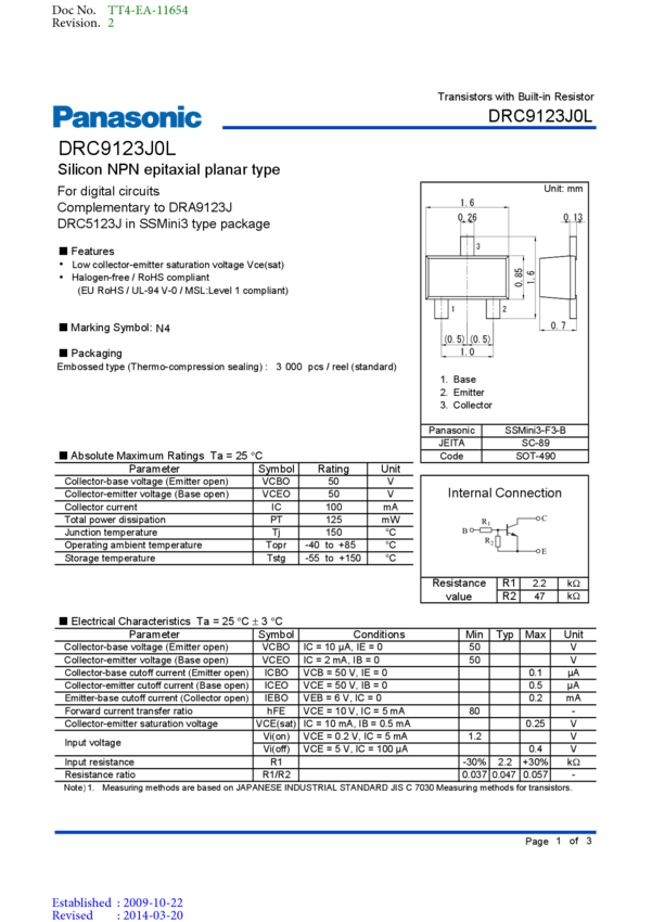 Transistor with Built-in Resistors (IC = 100 mA Series) » DRC9123J ... Transistor with Built-in Resistors (IC = 100 mA Series) » DRC9123J ...