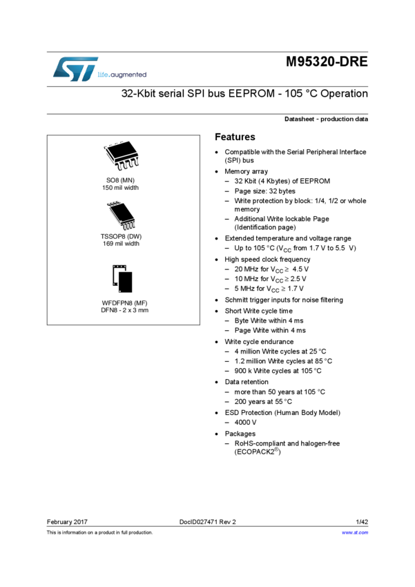 32-Kbit serial SPI bus EEPROM with high speed clock 105°C operation » M95320-DRE Datasheet PDF ...