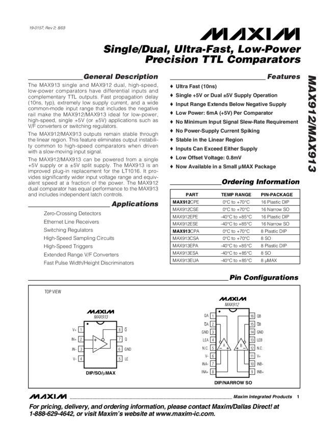 Single, Ultra-Fast, Low-Power, Precision TTL Comparator » MAX913 ...