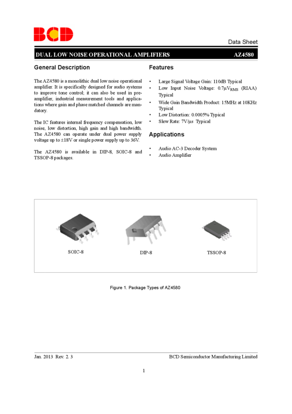 DUAL LOW NOISE OPERATIONAL AMPLIFIERS » AZ4580 Datasheet PDF » Nota katalogowa | elecena.pl ...
