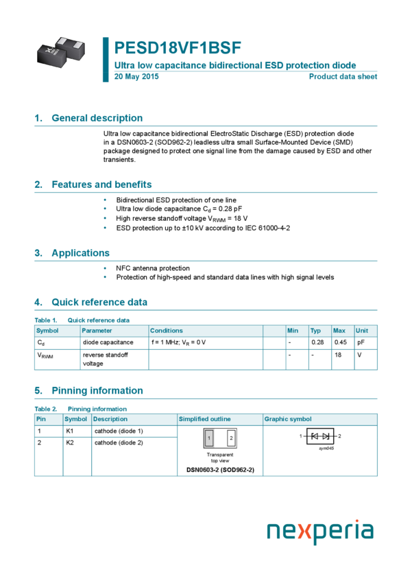 Ultra low capacitance bidirectional ESD protection diode » PESD18VF1BSF Datasheet PDF » Nota ...