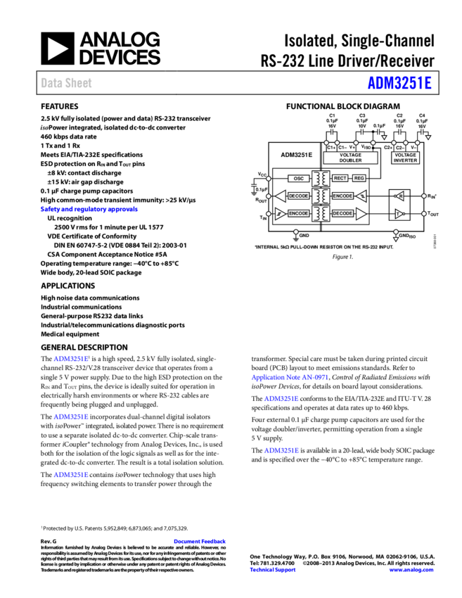 Isolated Single Channel RS-232 Line Driver/Receiver » ADM3251E Datasheet PDF » Nota katalogowa ...