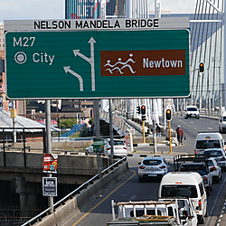 Nelson Mandela Bridge traffic sign at Braamfontein, Johannesburg ...