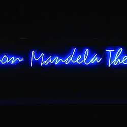Neon blue sign at the Nelson Mandela Theatre, Braamfontein ...