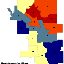 City of Calgary map indicating malaria incidence by ward based on 2011 ...