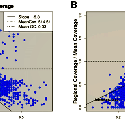Scatter plots of GC content and read coverage of real Illumina data.