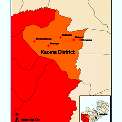 Map of study clinics in Kaoma District, Western Provence, Zambia.