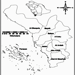 Map of Jazan Province and its political districts.