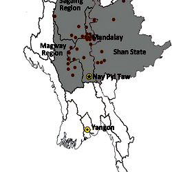 Map of Myanmar showing 33 CBMDR-TBC project supported townships across ...