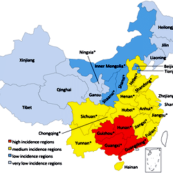 Geographical distribution of rabies cases in China.