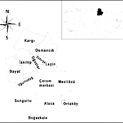 Map of the Corum province and its location within Turkey.