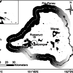 Map of Chuuk lagoon, including the capital island of Weno (white star ...