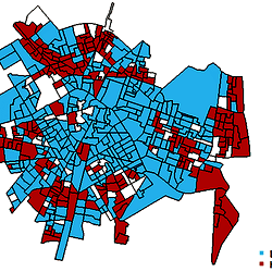 Map of the census block group with coincident low (blue) and high (red ...