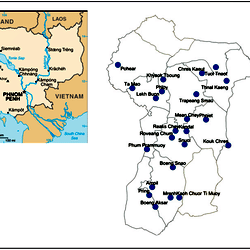 Map and location of Cambodia and the Prey Veng province.