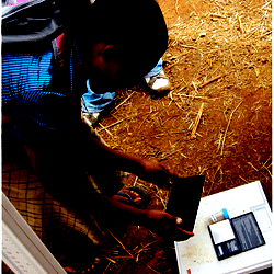 Capturing the identification number from a barcode-labeled stool specimen.