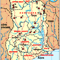 Map of Ghana showing the study sites (triangles).