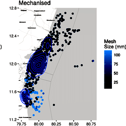 Kernel density estimates and location of different craft classes and ...