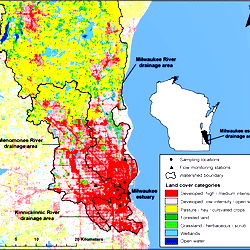 Sampling site and flow monitoring station locations, drainage areas ...
