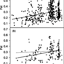 Geographic distance versus genetic difference.
