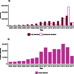 The number of Eukaryote COI records and unique species in the NCBI ...