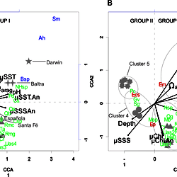 Canonical correspondence analysis (CCA) triplot results.