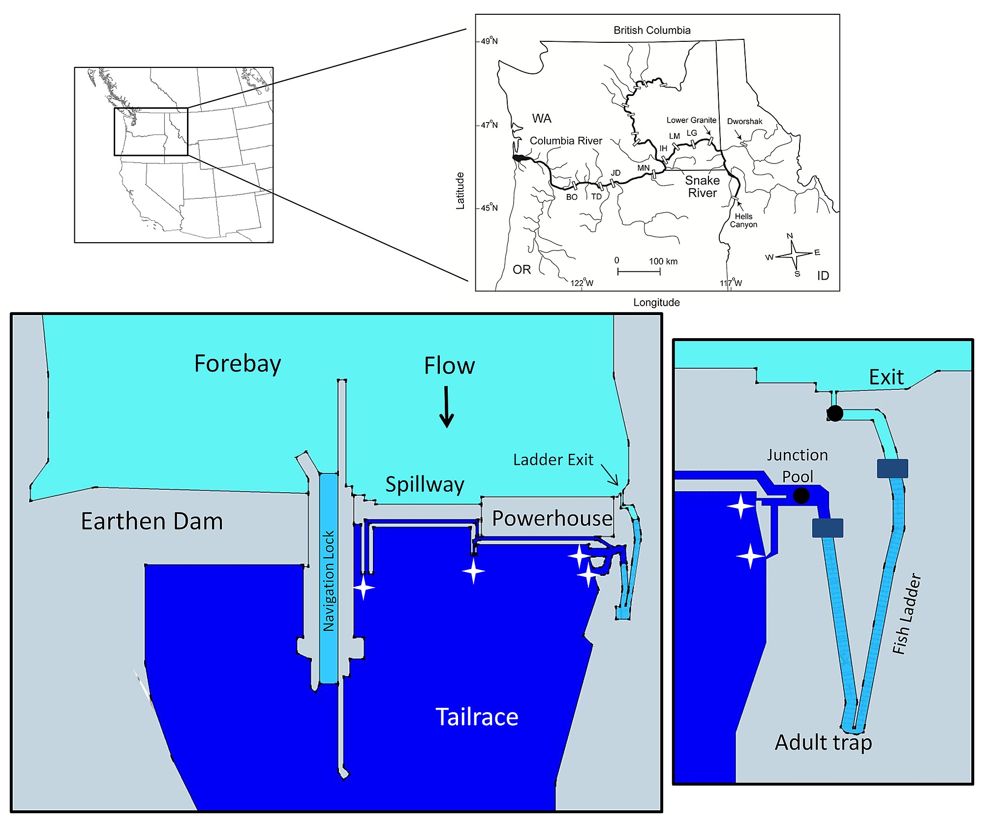 Map of the Snake River basin, showing locations of major dams and ...