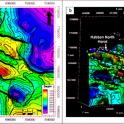 a) Depth structural map to top of the basement reservoir and b) 3D map ...