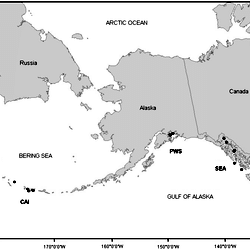 Map of Alaska showing capture locations (black circles) within each of ...