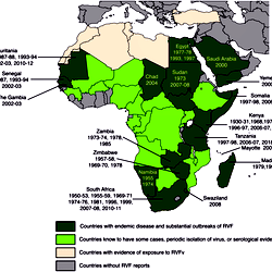 Geographical distribution of Rift Valley fever.