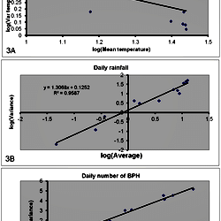 Log (variance) plotted against log(average) for (a) daily rainfall and ...