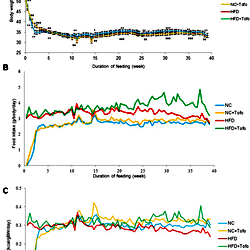 Weight and food intake of mice fed normal chow or a high-fat diet with ...