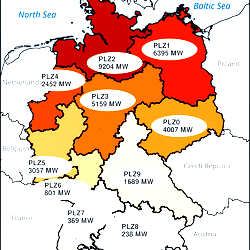 Map of Germany's 10 main postal code zones (PLZ) and their total ...
