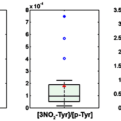 Boxplots of the ratios of o-Tyr/Phe, m-Tyr/Phe, 3NO2-Tyr/p-Tyr, 3Cl-Tyr ...